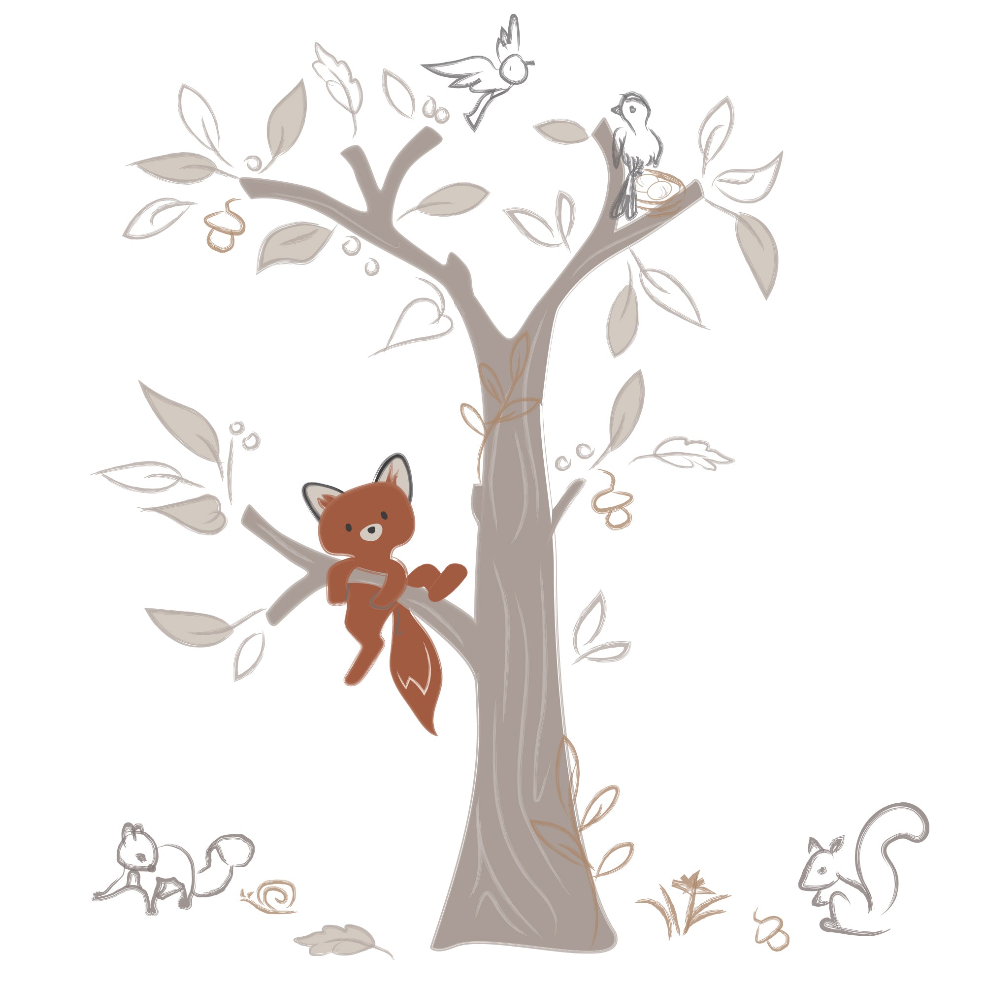 Treetop Fox Beige Tree w/ Woodland Animals Wall Decals/Stickers – Lambs & Ivy