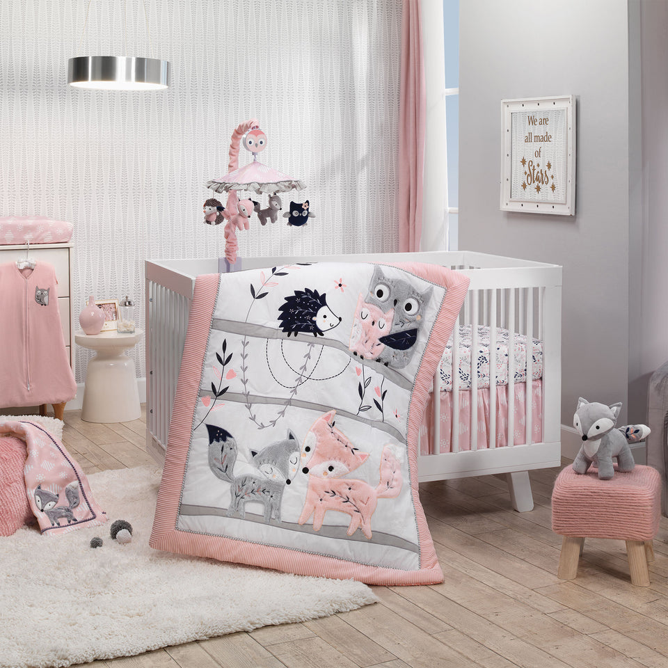Forever Friends White/Pink/Gray Woodland Fox/Owl 4-Piece Nursery Crib ...