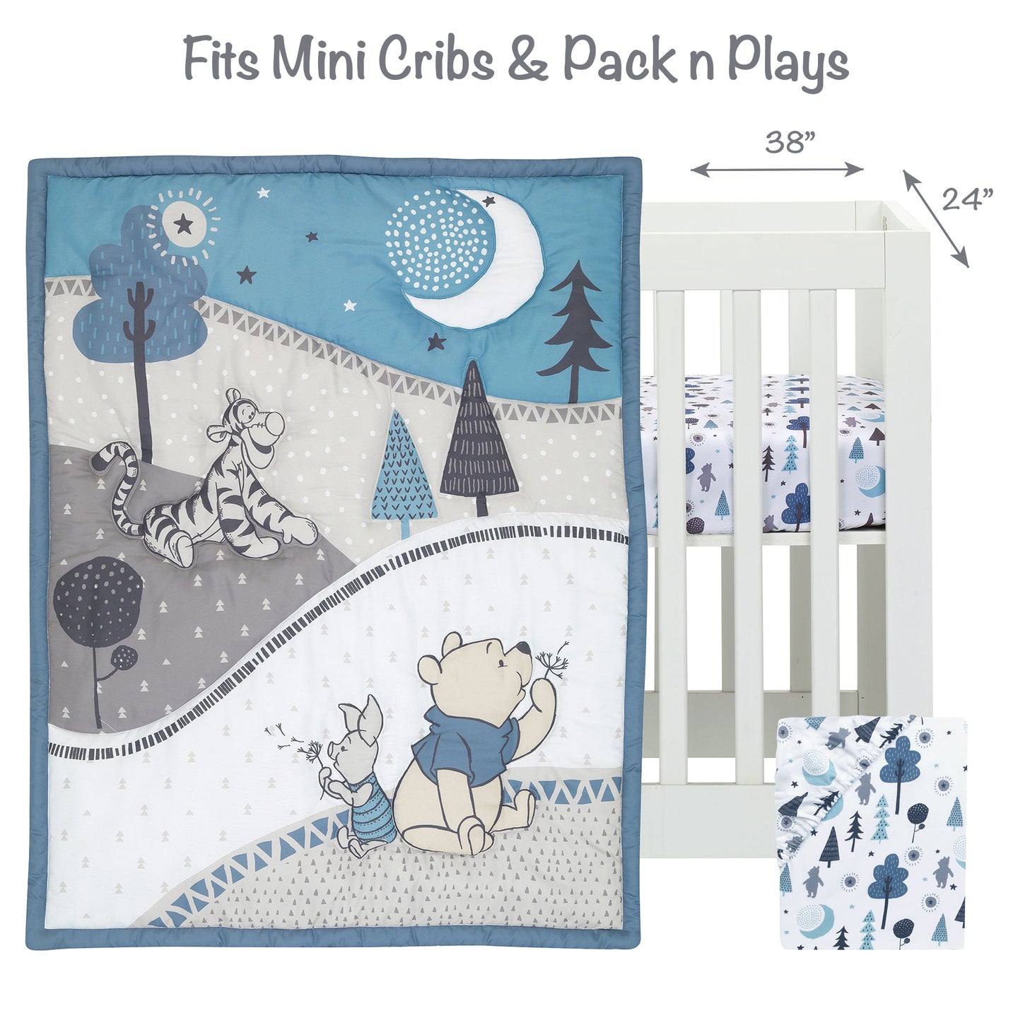 Disney Baby Forever Pooh Blue/Gray 3-Piece Mini Crib Bedding Set ...