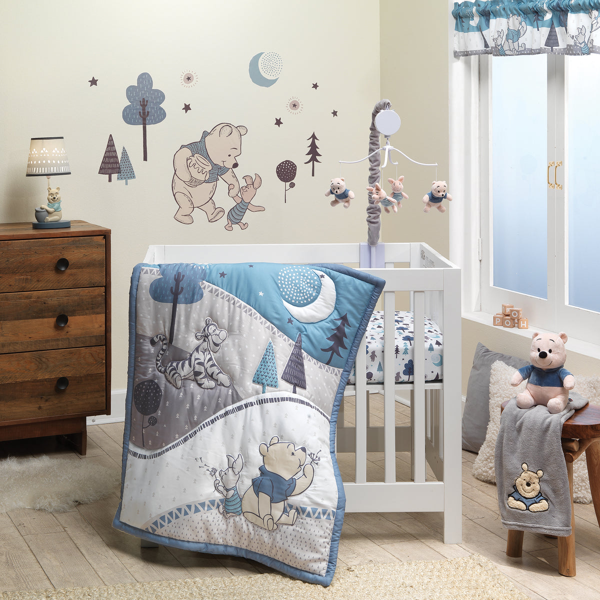 Disney Baby Forever Pooh Blue/Gray 3-Piece Mini Crib Bedding Set ...