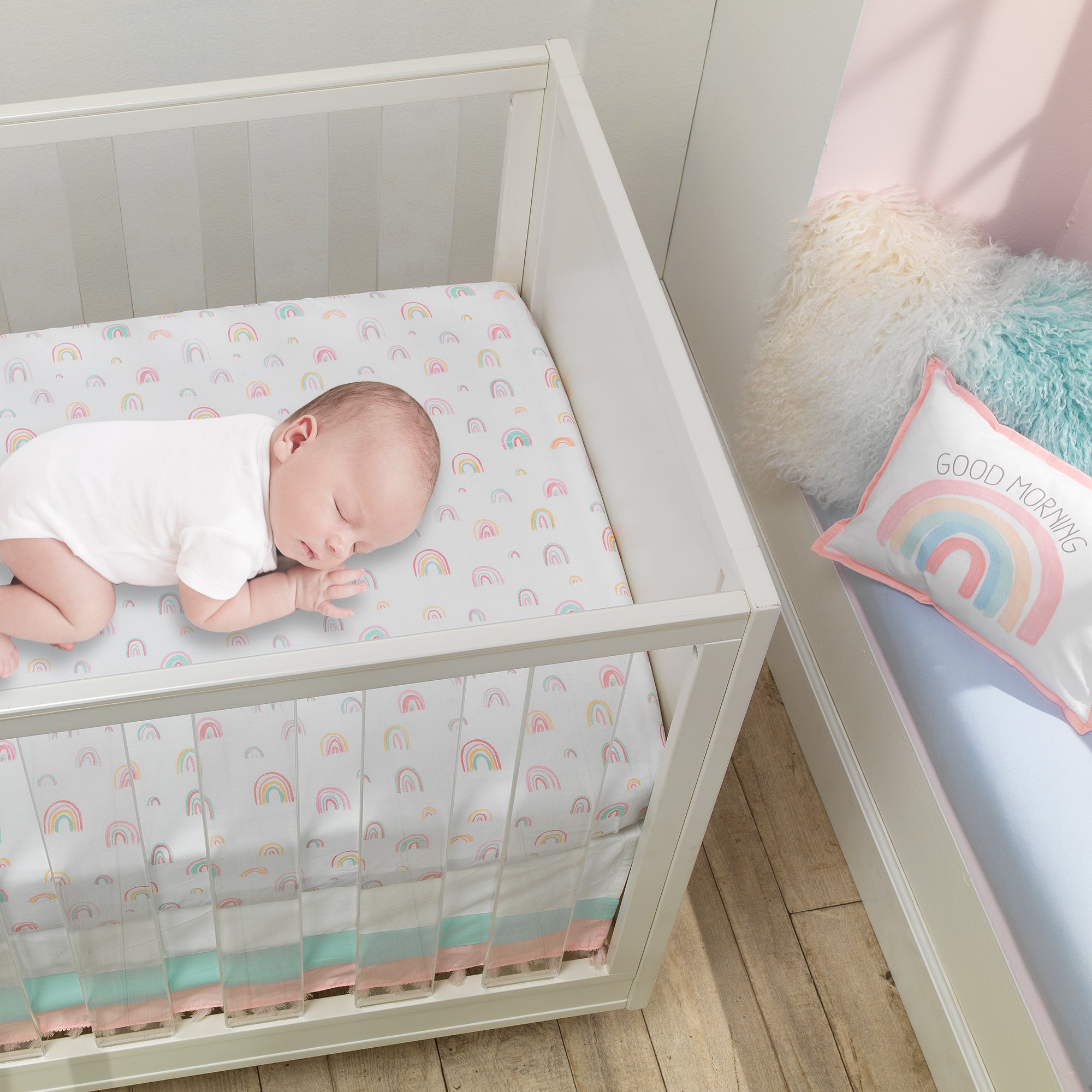 Watercolor Pastel Pink/Mint Rainbow 5-Piece Baby Crib Bedding Set ...